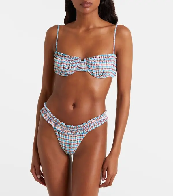 Faithfull The Brand Esterel Checked Ruffled Bikini Bottoms - Blue