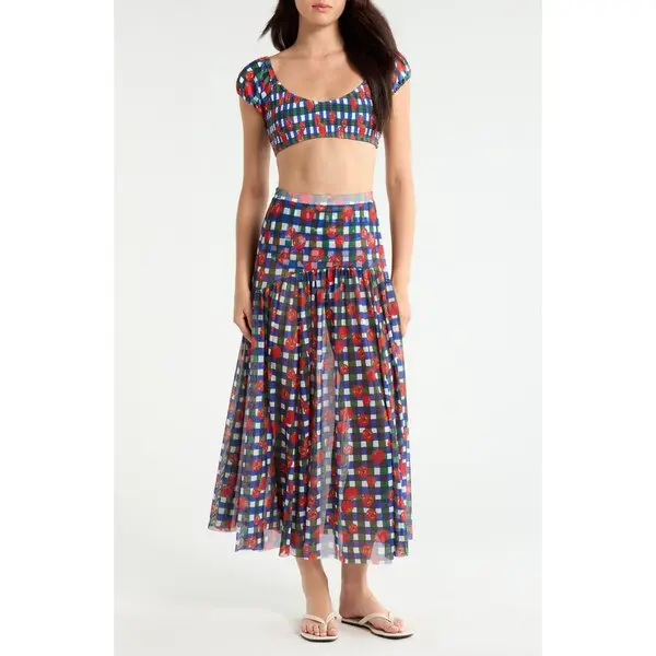 HUTCH Maeden Floral Cover-up Midi Skirt - Gingham Tomatoes Blue/green