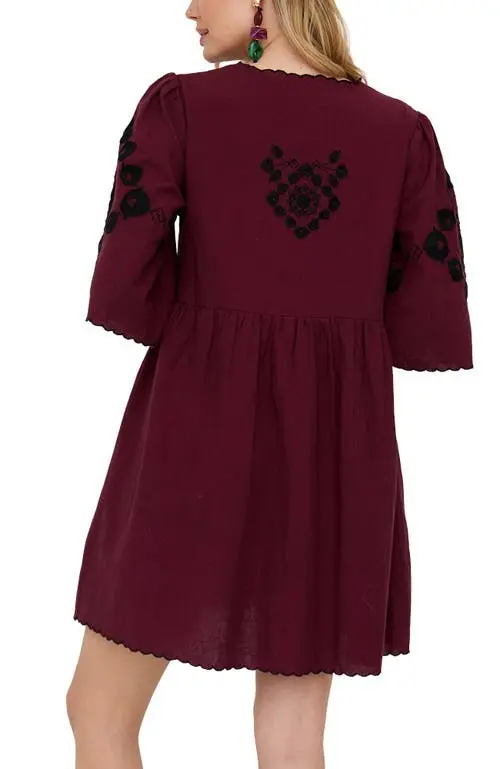 RAFFYA Arabella V- Neck Embroidered Mini Dress - Burgundy