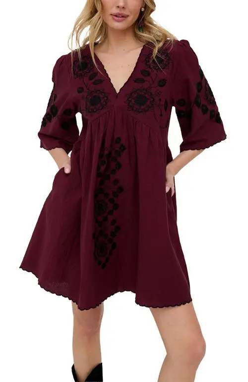 RAFFYA Arabella Embroidered V-neck Mini Dress - Burgundy