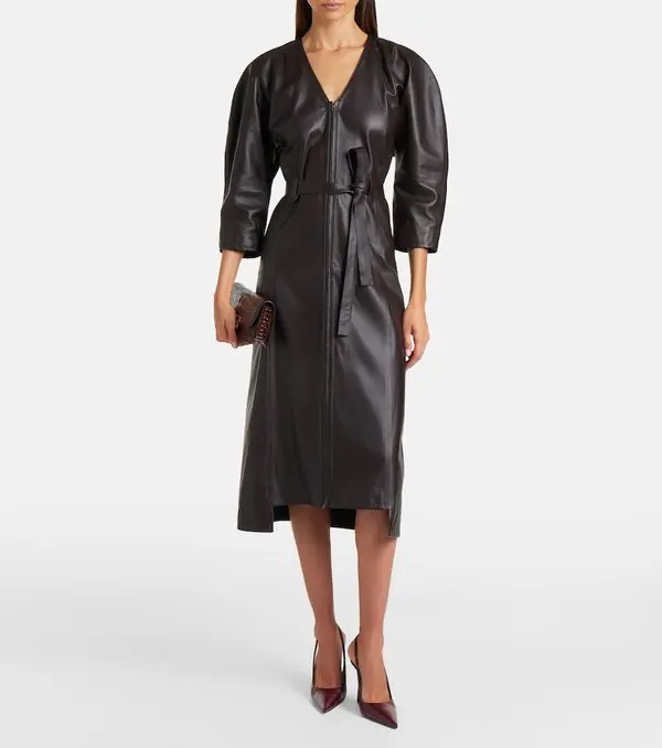 Victoria Beckham Leather Midi Dress - Brown