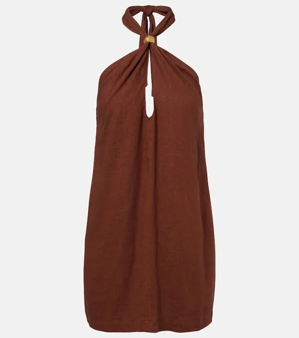 VIX PAULA HERMANNY Astera Halterneck Linen-blend Minidress - Brown