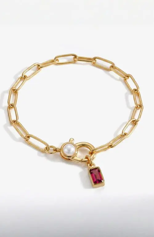 MINT & LILY Paperclip Bracelet With Pearl Accent With Dainty Baguette Birthstone Charm - July Ruby