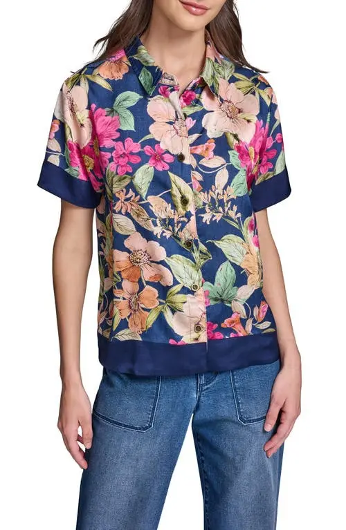 Karl Lagerfeld Paris Floral Short Sleeve Shirt - Currant/light Blush Multi