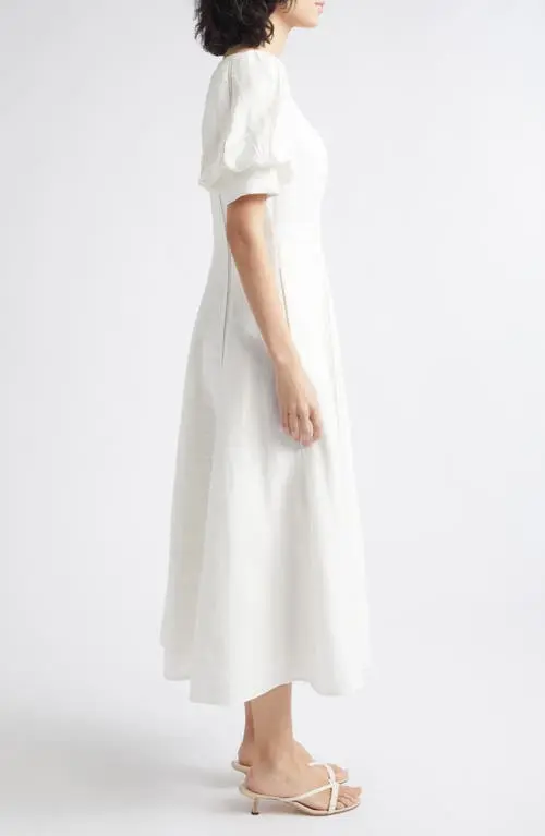 REISS Riva Stitch Puff Sleeve Linen Midi Dress