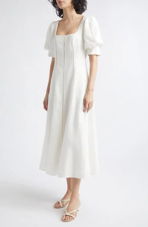 REISS Riva Stitch Puff Sleeve Linen Midi Dress