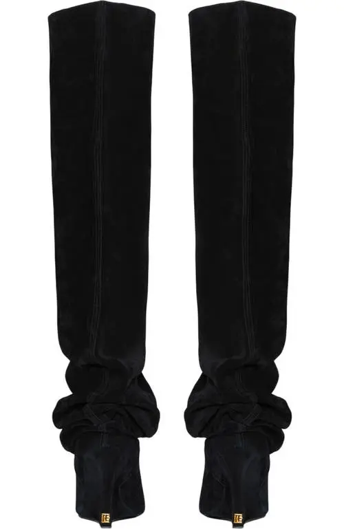 Balmain Suede Leather Wedge Thigh-high Boots - Black