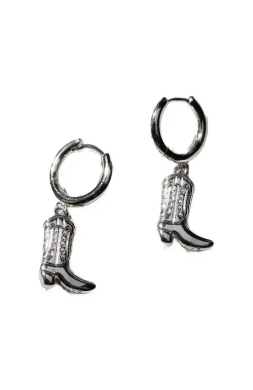 NICKEL & SUEDE Cowgirl Boot Charm Huggie Earrings - Silver