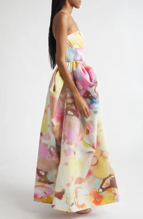 Christopher John Rogers Watercolor Floral Strapless Gown