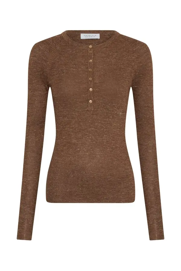 Gabriela Hearst Anges Knit Henley In Cashmere Silk With Hemp - Chestnut