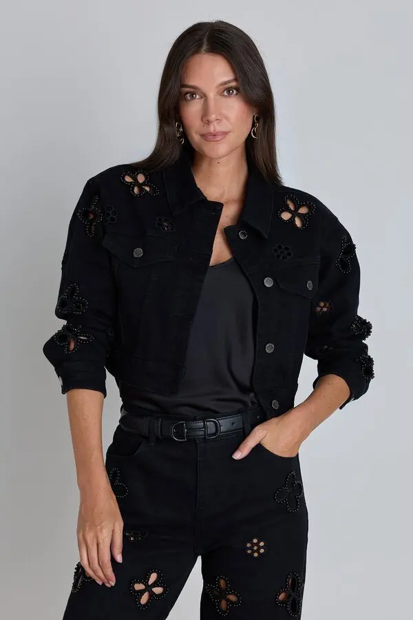 THE NOLI SHOP Kaia Pearl Embellished Cropped Denim Jacket - Black