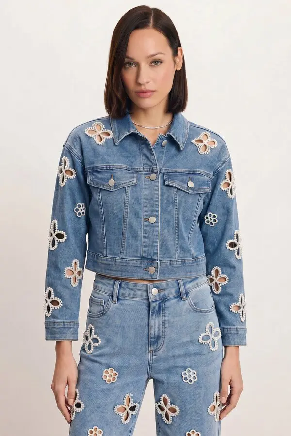 THE NOLI SHOP Kaia Pearl Embellished Cropped Denim Jacket - Medium Blue