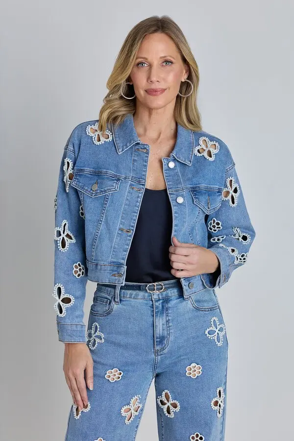 THE NOLI SHOP Kaia Pearl Embellished Cropped Denim Jacket - Medium Blue