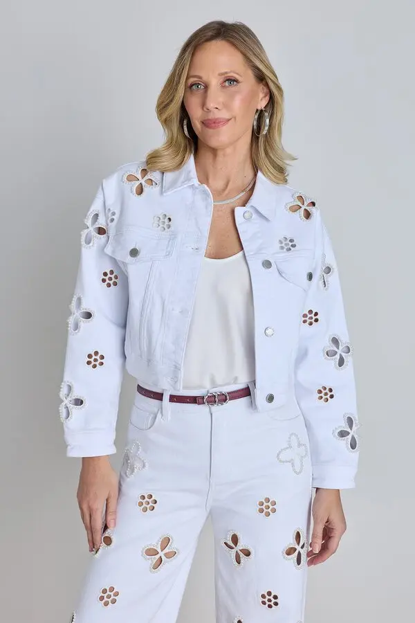 THE NOLI SHOP Kaia Pearl Embellished Cropped Denim Jacket - White