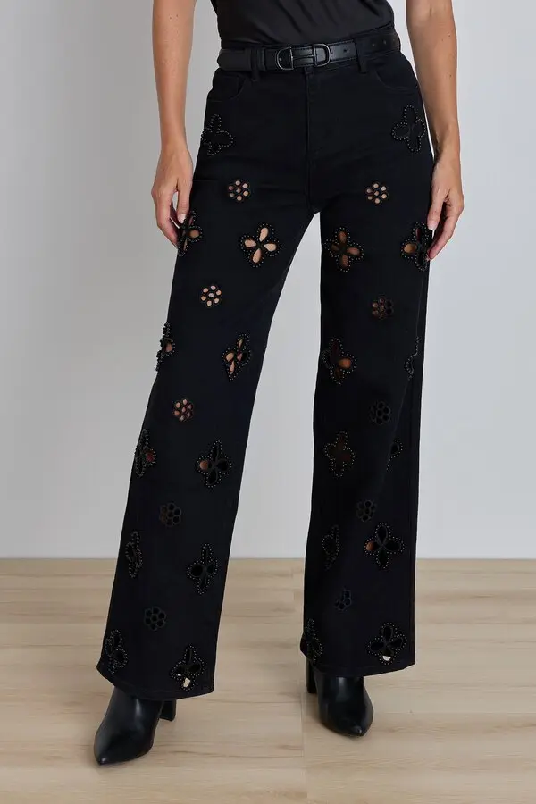 THE NOLI SHOP Kaia Pearl High Rise Wide Leg Jeans - Black