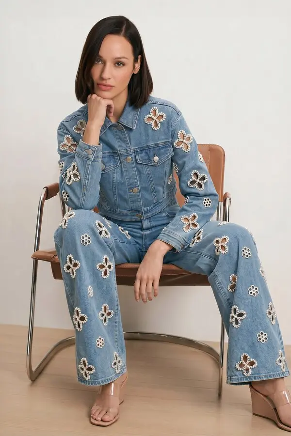 THE NOLI SHOP Kaia Pearl Embellished Wide-leg Jeans - Medium Blue