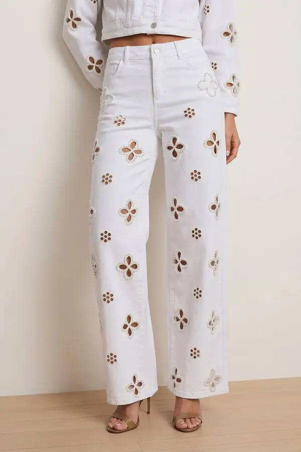 THE NOLI SHOP Kaia Pearl Embellished Wide-leg Jeans - White