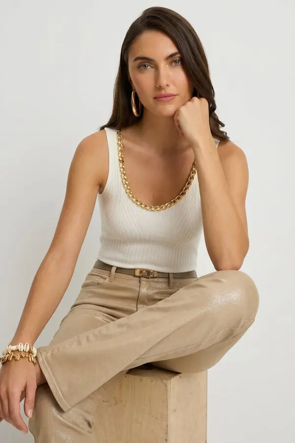 THE NOLI SHOP Millie Knit Tank With Chain Neckline - Pearl