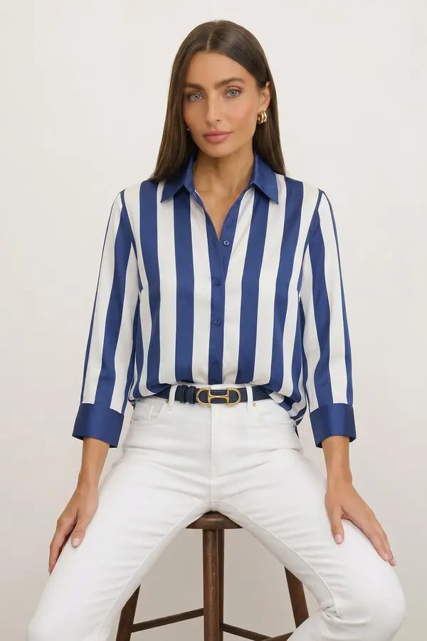 THE NOLI SHOP Sara Silk Blouse - Navy Stripe