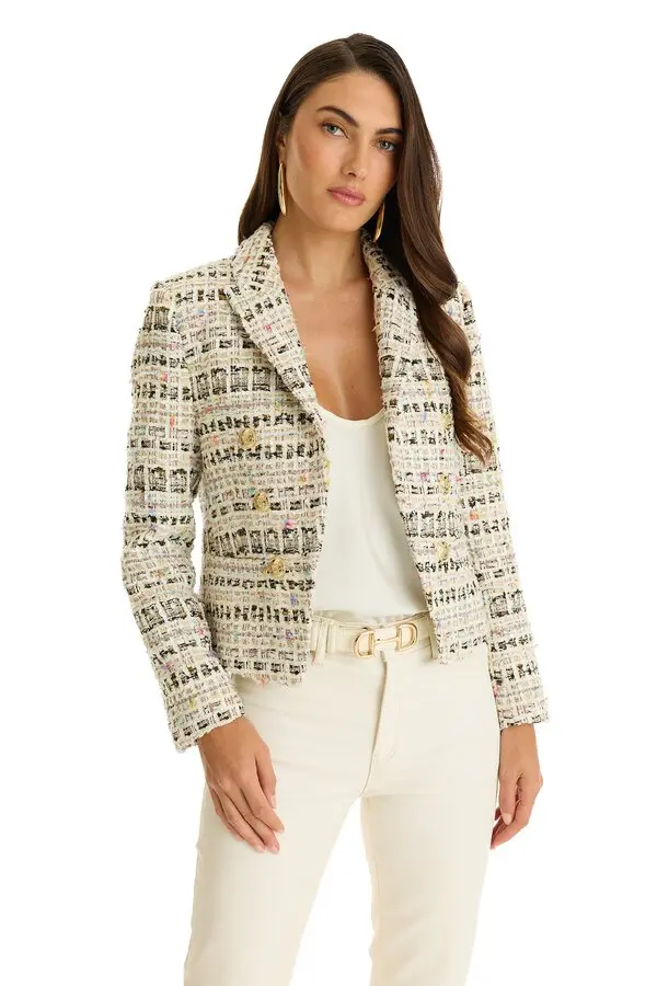 THE NOLI SHOP Gabrielle Double Breasted Tweed Blazer - Ecru Multi
