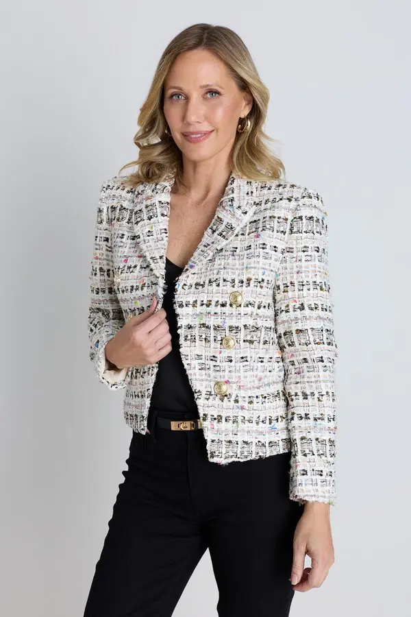 THE NOLI SHOP Gabrielle Double Breasted Tweed Blazer - Ecru Multi