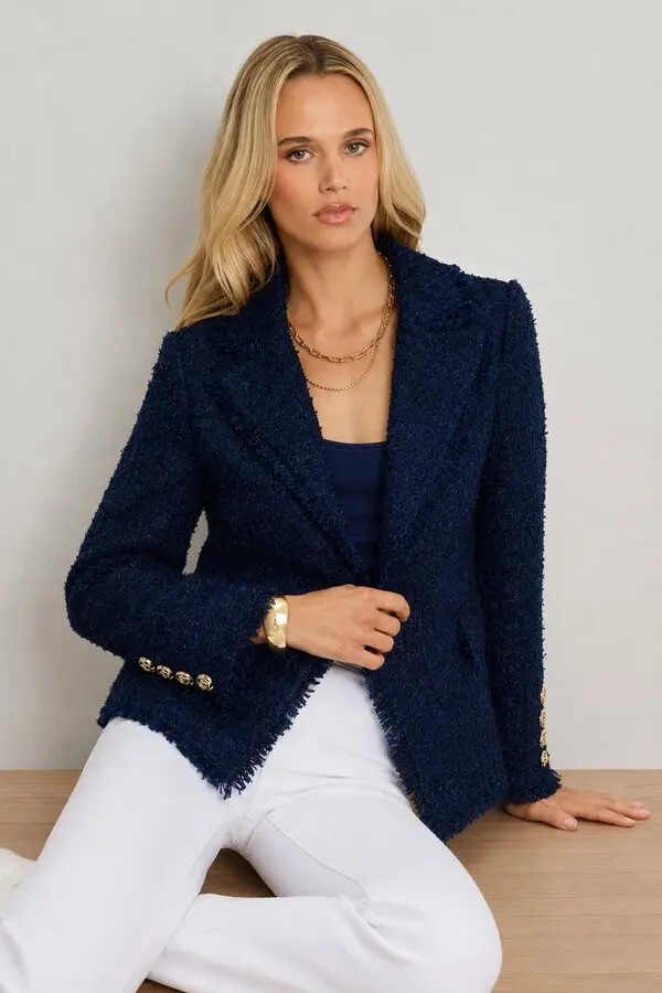 THE NOLI SHOP Giselle Single Breasted Tweed Blazer - Navy