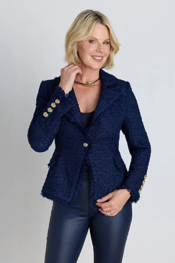 THE NOLI SHOP Giselle Single-breasted Textured Tweed Blazer - Navy