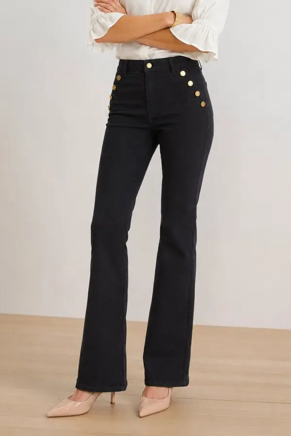 THE NOLI SHOP Allegra High-rise Bootcut Jean With Gold Button Detailing - Black