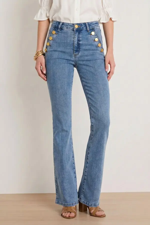 THE NOLI SHOP Allegra High-rise Bootcut Jean With Gold Button Detailing - Medium Blue
