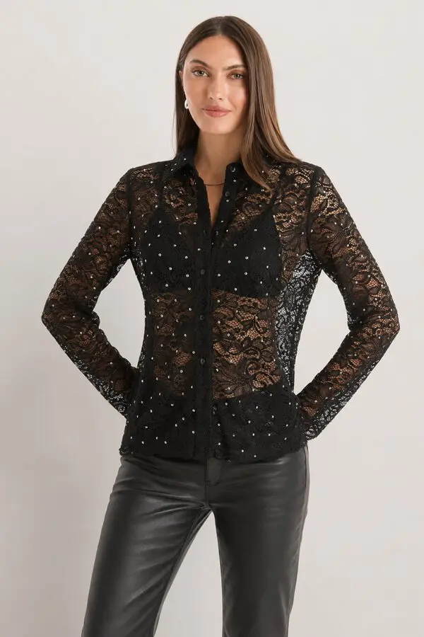 THE NOLI SHOP Jena Lace Button-up Shirt With Stud Embellishments - Black