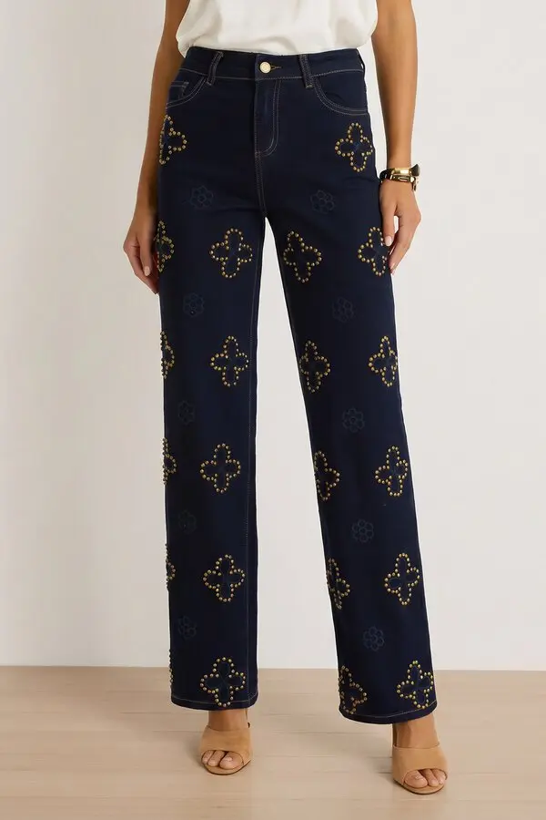 THE NOLI SHOP Kaia Embellished High Rise Straight Leg Jeans - Indigo