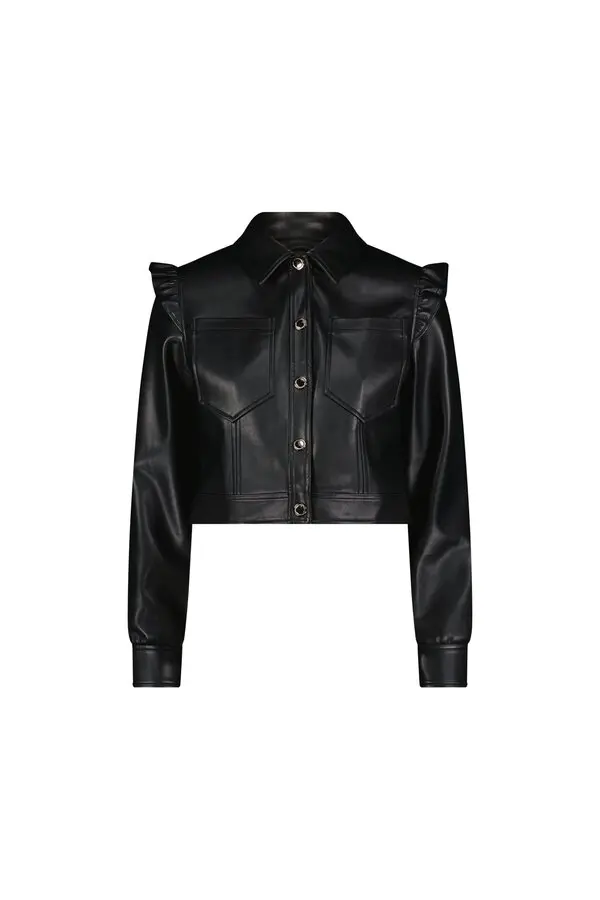 THE NOLI SHOP Chantal Ruffle Sleeve Leather Jacket - Black