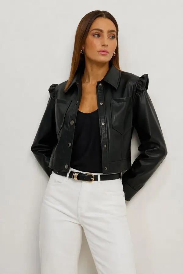 THE NOLI SHOP Chantal Ruffle Sleeve Faux Leather Jacket - Black