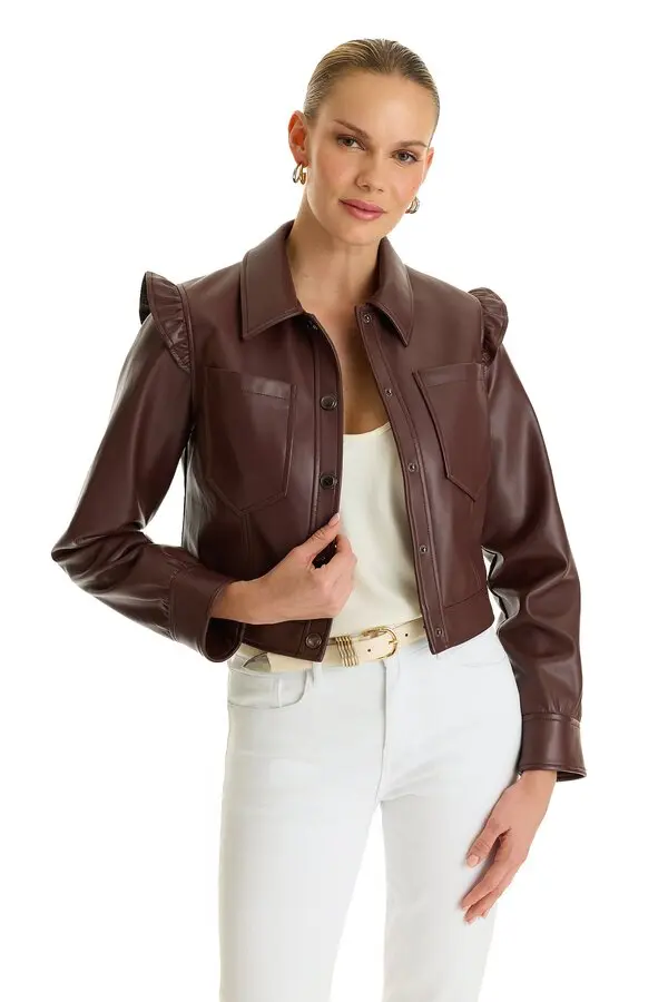 THE NOLI SHOP Chantal Ruffle Sleeve Leather Jacket - Espresso