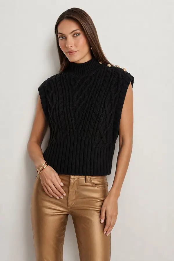 THE NOLI SHOP Raina Cable Knit Mock Neck Sweater Vest - Black