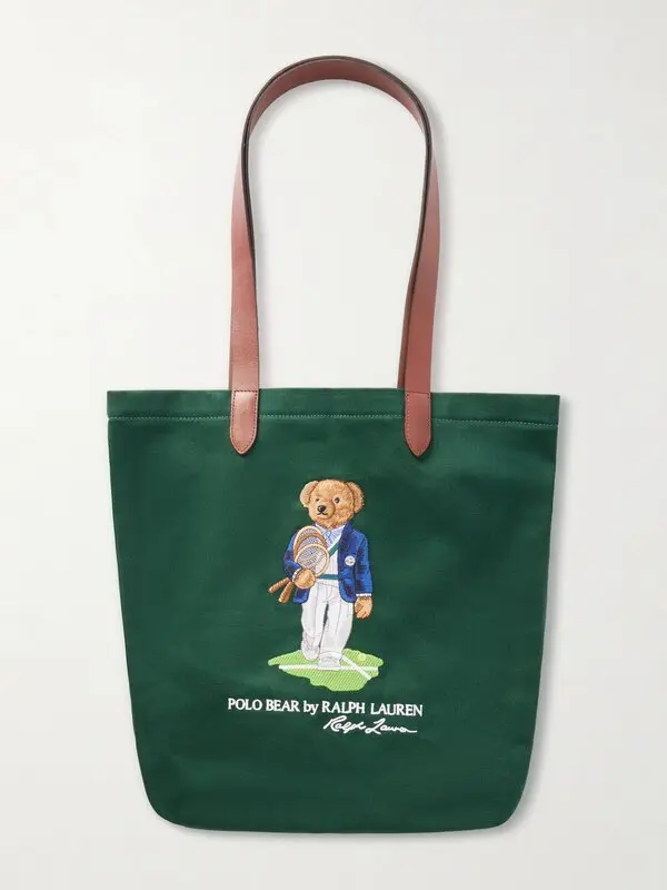 Polo Ralph Lauren Wimbledon Embroidered Leather-trim Medium Cotton Tote Bag - Green