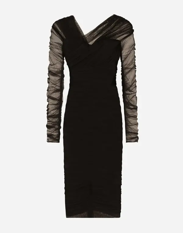 Dolce & Gabbana Draped Midi Dress In Cotton Tulle - Black