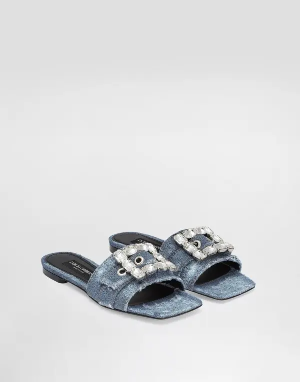 Dolce & Gabbana Patchwork Denim Slides With Rhinestone Buckle