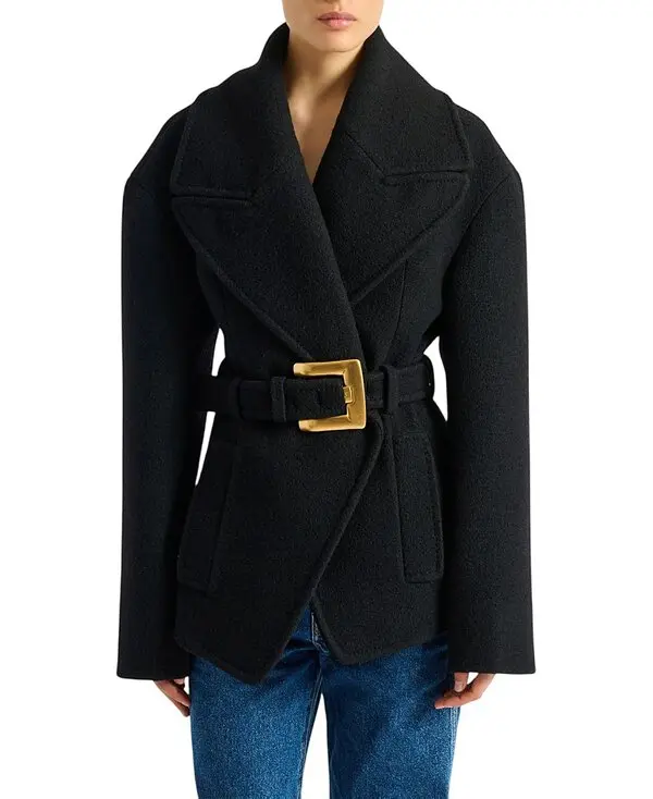 Balmain Belted Wool Pea Coat - Black