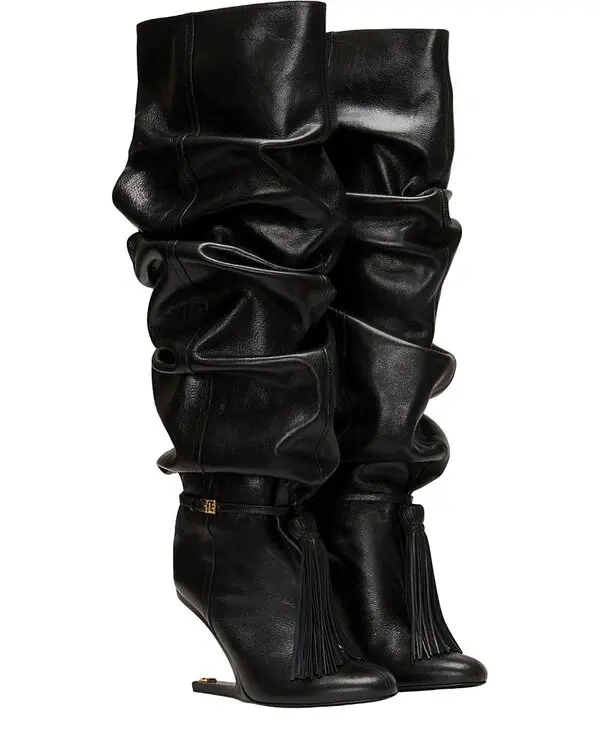 Balmain Textured Leather Thigh-high Boots With Tassel Detail - Black