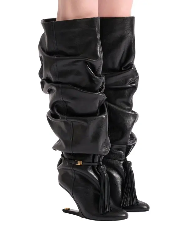 Balmain Textured Leather Thigh-high Boots With Tassel Detail