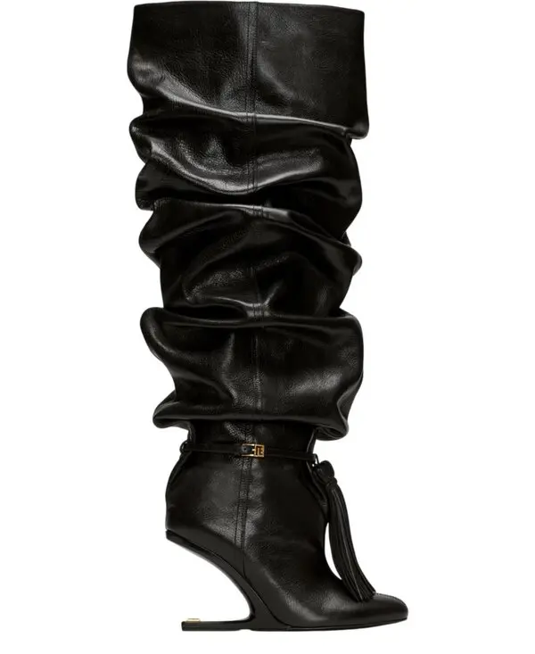 Balmain Textured Leather Thigh-high Boots With Tassel Detail