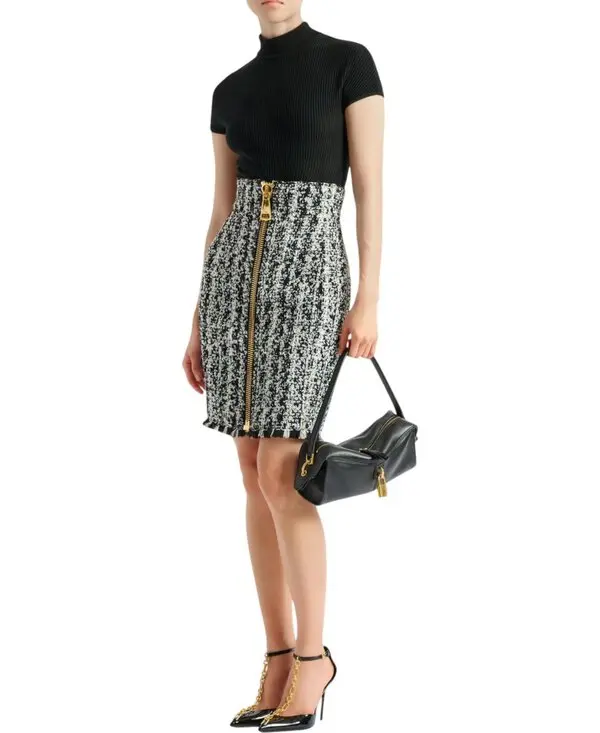 Balmain Zipped Two-tone Tweed Skirt