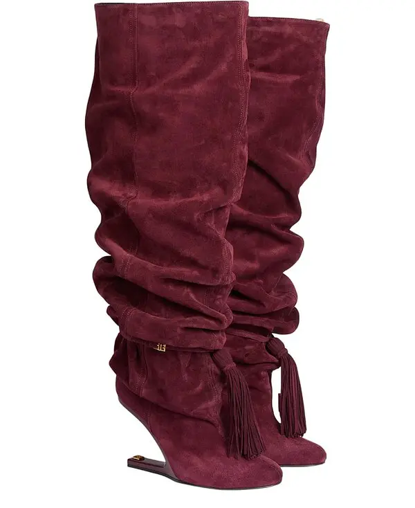 Balmain No Wedge Suede Leather Thigh-high Boots With Tassel - Red