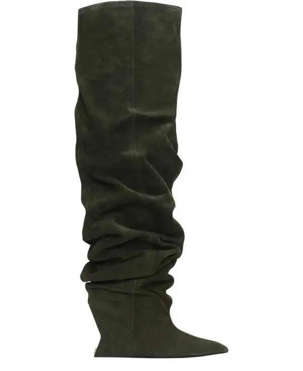 Balmain Suede Leather Wedge Thigh-high Boots - Khaki