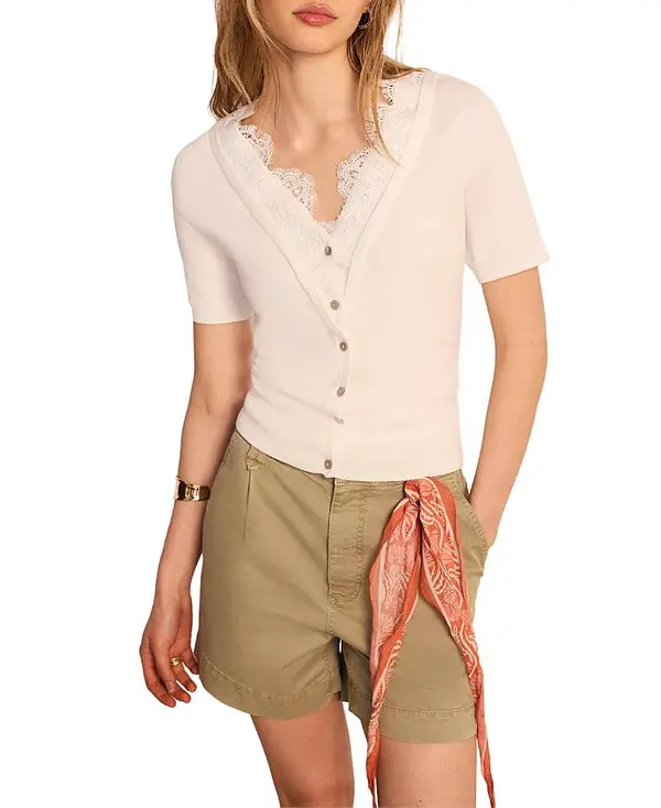 Mint Velvet Cotton Lace Trim V-neck Top - Cream