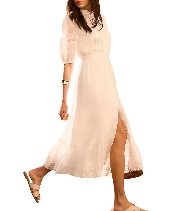 Mint Velvet Ramie Puff Sleeve Midi Dress With Lace Inserts - Ivory