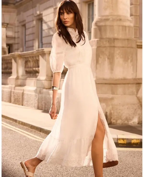 Mint Velvet Ramie Puff Sleeve Midi Dress With Lace Inserts