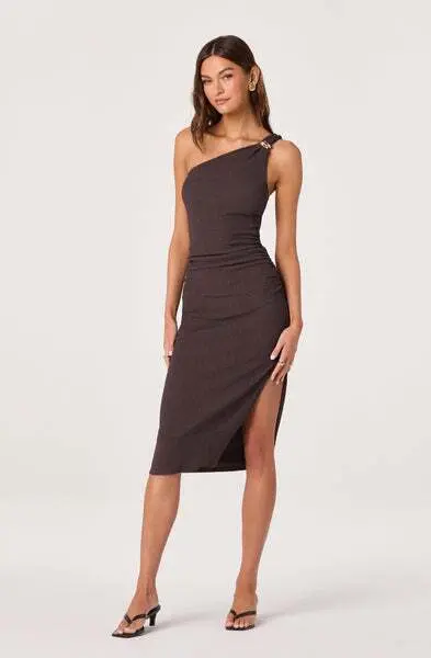 Astr The Label Candela One-shoulder Bodycon Midi Dress - Espresso