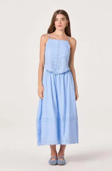 Astr The Label Shelly Eyelet Hem Linen Midi Skirt - Blue
